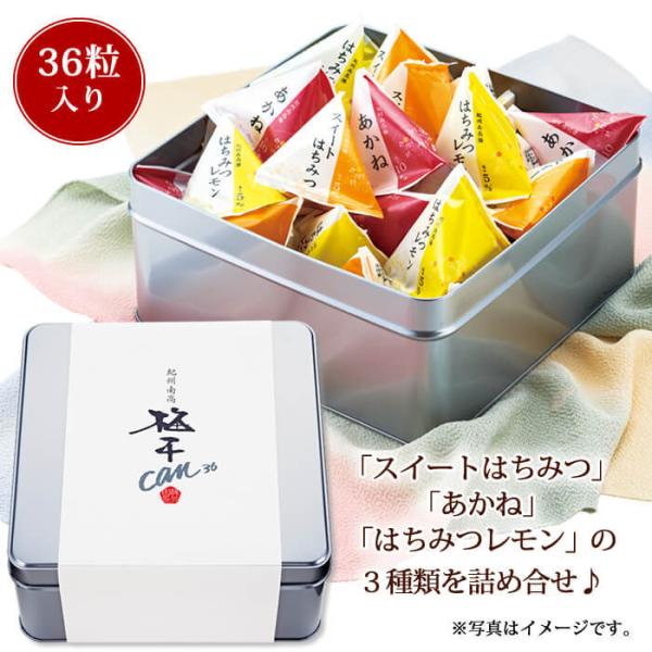 「スイートはちみつ」「あかね」「はちみつレモン」の3つのお味を各12粒、それぞれひと粒ずつ個装袋に包んで36粒を大きな缶に詰めました♪ １人でこっそり食べるのも...みんなでワイワイ味わうのも...どちらも楽しい詰合せです。この機会にぜひご...