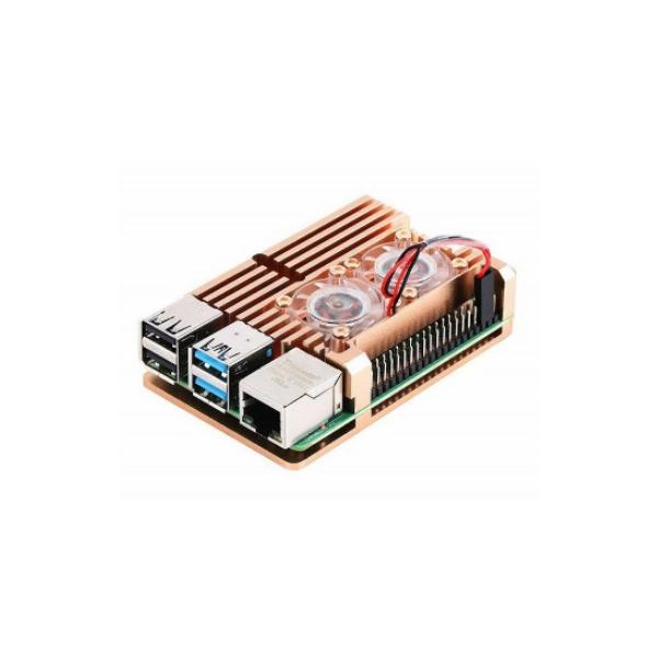ラズベリーパイ４　専用アルミハウジング+ファン2個付き(ヒートシンクケース,ゴルド)＊ファンはラベルが下向きの位置になります。