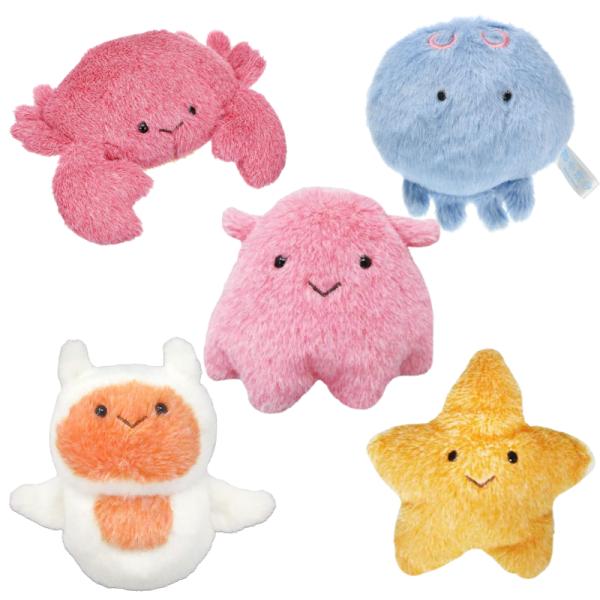 海の生き物たち「海中散歩」シリーズの、さらさらシャーベット生地を使用した触り心地抜群のぬいぐるみです。ちょこんと置くことが出来る手乗りサイズです。サイズ：高さ約10〜15cm
