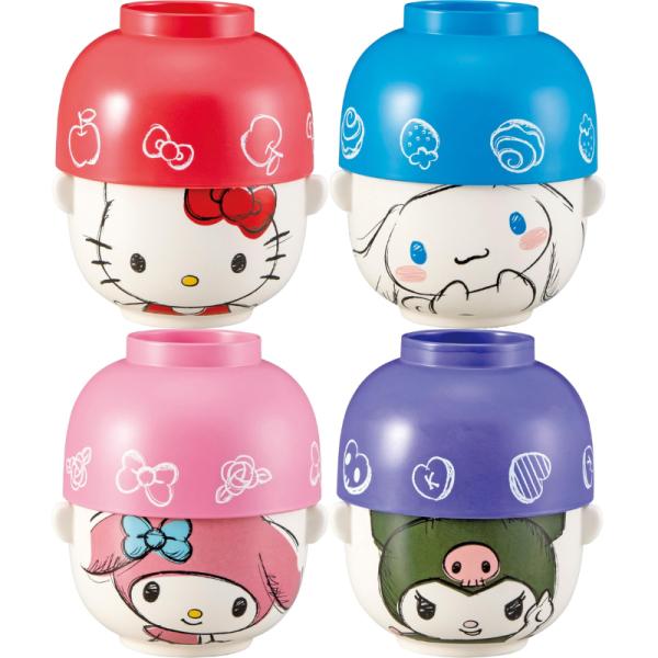 サンリオキャラクターズの、お茶碗とお椀の便利なセット☆食器棚にしまうときは帽子の様に被せておけば、可愛く飾ることが出来ます。プレゼント・ギフトにぴったり。【サイズ】汁椀：約10.8×10.8×7cm茶碗：約10×10×7cm【容量】汁椀：約...