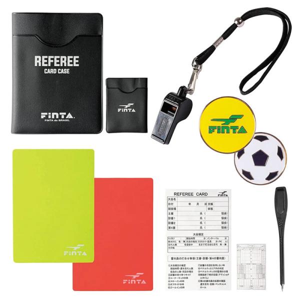 【セット内容】・ホイッスル（ストラップ付き）・レフェリーカードケース・えんぴつ１本・レフェリー記録用紙 1枚・トスコイン・警告/退場カード特徴：サッカー、フットサルの審判をする時に必要なレフリー小物をセットにしたスターターセット。サッカー、...