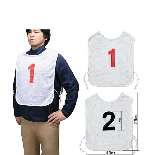 【仕様】・サイズ(本体)：幅45cm×高さ55cm・数字の大きさ：高さ18cm・数字カラー：奇数赤文字、偶数黒文字・10枚組【特徴】・ゲートボールの試合時に着用するゼッケン。・着やすく、メッシュ素材で蒸れにくいビブスタイプのゼッケン。・脇紐...