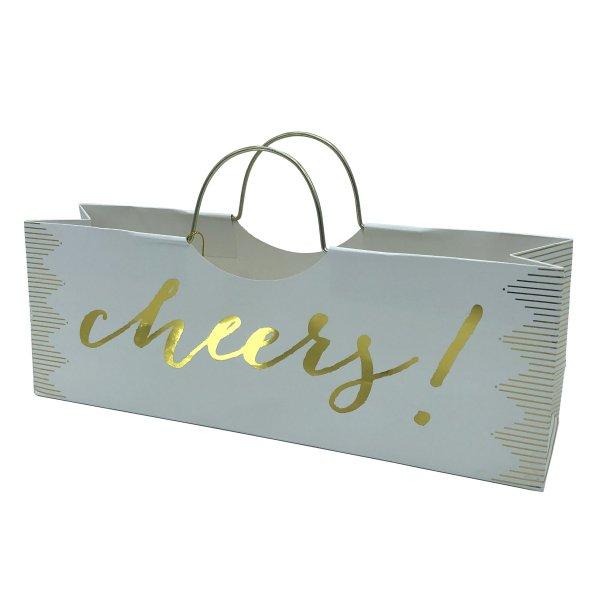 まるでハンドバッグのような、お洒落なワイン用ギフトバッグ。表面には乾杯の意味の「Cheers」をプリント。デザインにマッチする金属製のハンドルとタグが高級感を醸し出します。ワイン１本が横向きにちょうど収まるサイズは使い勝手も抜群。ギフトはも...