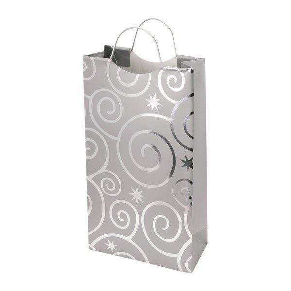 おしゃれでゴージャスなペーパーバッグ。ワイン2本にちょうどいい大きさ。華やかな渦巻き模様とメタルのハンドルがお祝いごとやプレゼントにぴったり。本体サイズ：W200×D90×H355本体材質：紙ハンドル：メッキ