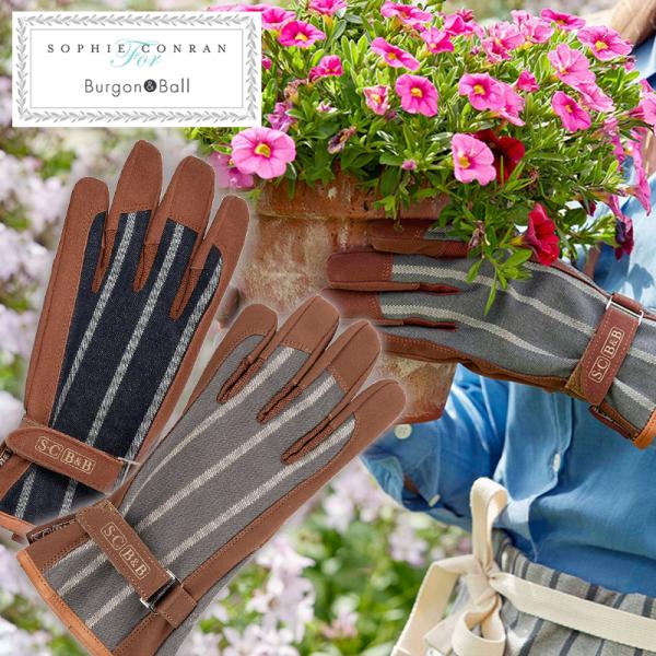 SOPHIE CONRAN for Burgon ＆ Ball　シリーズのガーデニンググローブです。ストライプ柄がオシャレでかわいいデザインです。ブラウンの生地が差し色となって上品さも兼ね備えています。気分が上がり、お庭いじりも楽しく行うこ...