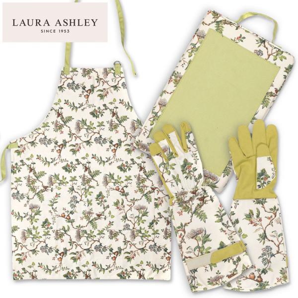 Laura Ashley ローラアシュレイのエプロン、ニーラー、ガントレットグローブの３点セットです。葉や鳥が描かれた英国らしいクラシックな「エルダーウッド」のデザインは、ローラアシュレイの人気柄です。ガーデニング好きな方へのプレゼントにも...