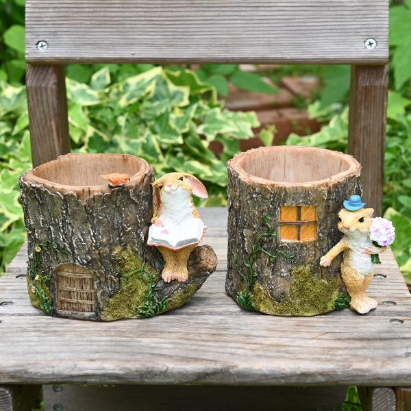 本物そっくりな切り株にかわいいうさぎが寄り添うミニポット。小鳥と一緒に本を読むうさぎと、誰かにプレゼントする花束を抱えたうさぎ。今にも素敵な物語が動き出しそうな置物です♪切り株のなかに鉢を入れてミニポットとしても、そのまま飾ってオーナメント...