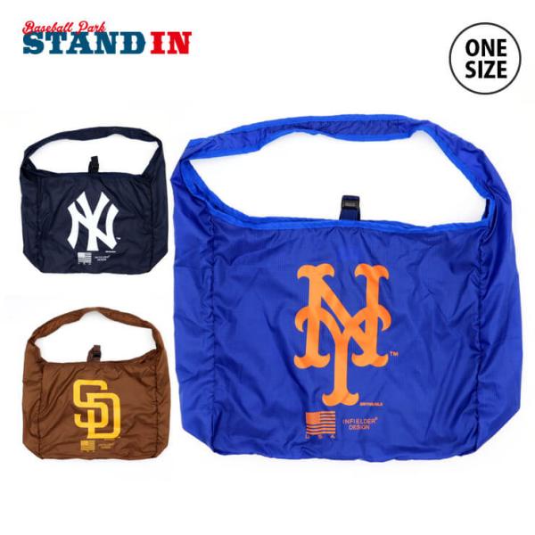 INFIELDER DESIGNのMLBショルダーエコバッグ！MLBのチームロゴがプリントされたナイロンバッグ。内側のポケットに本体を収納できる折りたたみ仕様。口も大きいので肩に掛けたまま荷物の出し入れができ、オールシーズン活躍するアイテム...