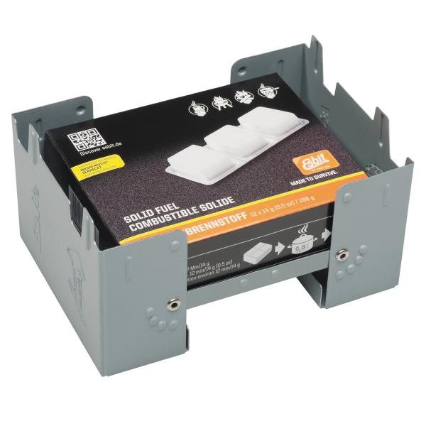 【特価品／返品・交換不可】≪Esbit≫スタンダード、ミリタリーより二回り大きいポケットストーブです。少し大きな鍋も載せることが出来ます。※炎はイメージ合成です。　ポットは付属しません。　固形燃料ミリタリー12タブレットが付属します。