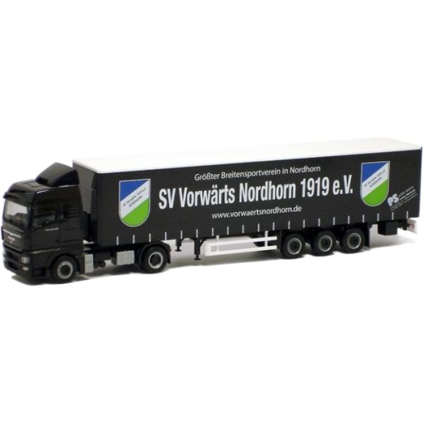 Thieme Spedition. SV Vorwaerts Nordhorn MAN TGX XLX Medi curtainside semitrailerカーテンサイドセミトレーラー トラック 模型 /Herpa 1/87