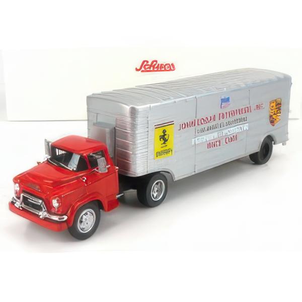 GMC TRUCK CAR TRANSPORTER TEAM JOHN EDGARD ENTERPRISES INC. LOS ANGELES CALIFORNIA FERRARI PORSCHE RACE CARS 1950 RED SI...