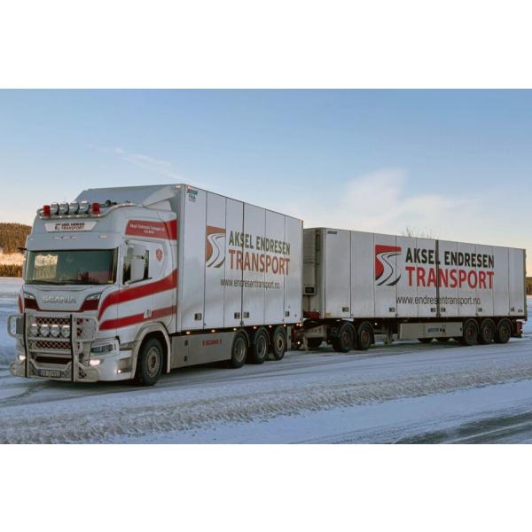 【予約】2025年発売予定 AKSEL ENDRESEN TRANSPORT AS SCANIA R ハイライン CR20H 8×4 ボックストラック &amp; 冷蔵トレーラー - 3軸 ドローバー I ドリー ハイ / WSI 1/50...