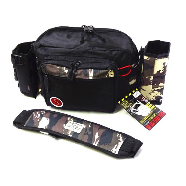 納期:1〜2日予定(土日祝水曜を除く)自分好みにカスタマイズできるピンチシリーズの「ヒップバッグチューンド」をベースに、同シリーズのオプションパーツ2種、「フィッシュギアスクエアポーチ(カモフラ)」と「ボトル＆ロッドホルダー(ブラック)」を...