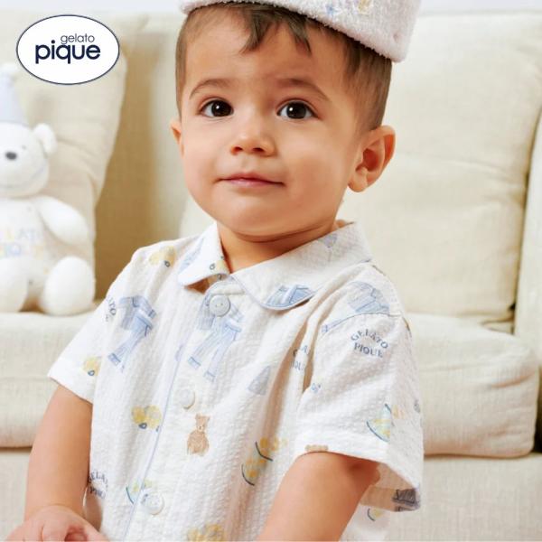 【楽しいパジャマパーティーを描いたBABYシャツ】【Fabric】シワが目立ちにくく、肌離れの良いコットン100%のサッカー生地を使用しています。【Design/Styling】夏の楽しいお泊まり会にも映える、サッカー素材を使用したパジャマ...