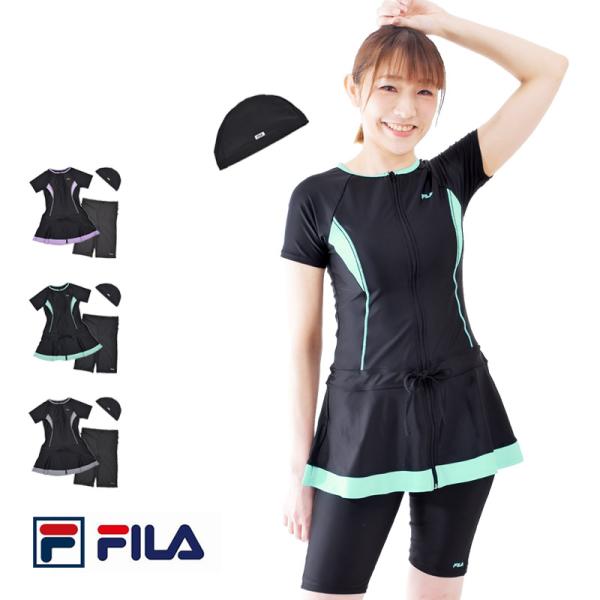 一部店舗限定デザインFILA/フィラスイムキャップ付きチュニック丈半袖フィットネス水着ヒップラインも可愛く隠せる♪チュニック丈の半袖フィットネス水着！一部店舗でしか買えない限定デザインです。トップスとボトムがつなげられるめくれ防止付き！スイ...