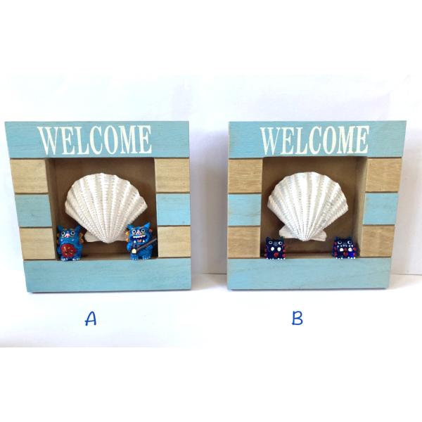 OKINAWA沖縄　welcome　ウエルカム壁掛け　ペアーシーサー　南島タイプは、２種類から　ガラス細工シーサー　花傘三線シーサー　　　ボード　サイズ　　　約幅1６cm　高さ1６cm　奥行き３cm