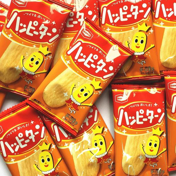 ちょこっとおやつにピッタリのハッピーターン「ハッピー王国のターン王子」が、そのハッピーなおいしさを伝えます。内容量：200袋（50枚×4箱）商品Size：105×60×15賞味期限：120日原材料：米(うるち米、もち米)、植物油脂、でん粉、...