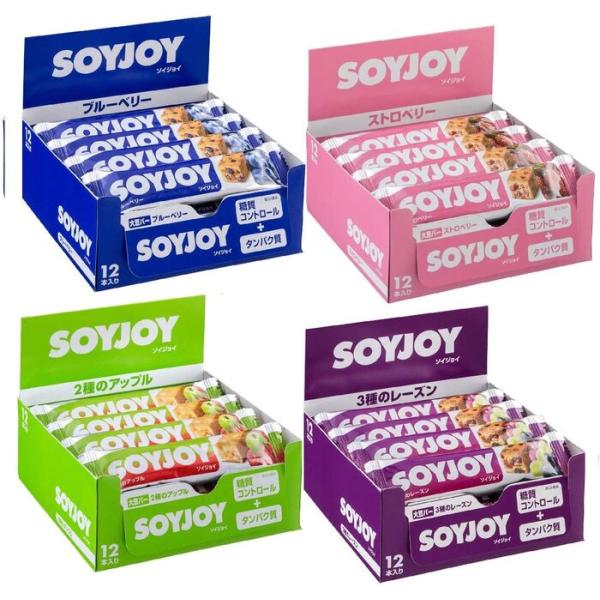 内容量：各12本（合計48本）セット原材料:【SOYJOYブルーベリー】大豆粉(国内製造、遺伝子組換えでない)、レーズン、マーガリン、ブルーベリー加工品、卵、パインアップル加工品、ココナッツ、難消化性デキストリン、砂糖、ホワイトチョコレート...
