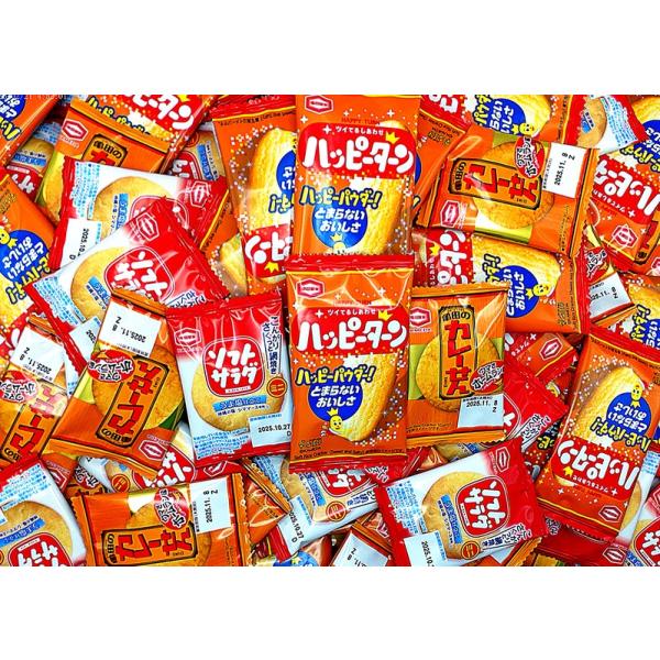 内容量：3種類100枚セット商品名：1枚ハッピーターン(40袋）1枚カレーせんミニ（30袋） 1枚ソフトサラダ（30袋） 1枚づつ個包装になっているので企業イベントやお祭り等の配りもの、掴み取り等に大活躍いたします※弊社内にてアソートにして...