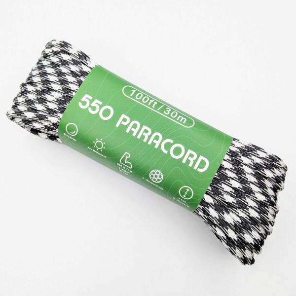 アウトドアやハンドメイド制作に幅広く使えるパラコードです。7芯構造で、耐荷重は約250kg。テントロープやキャンプ用ロープとしてはもちろん、ブレスレットやキーホルダーなどのハンドメイド資材としても活躍します。白と黒の迷彩風デザインが特徴で、...