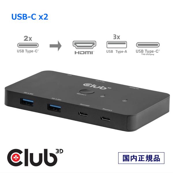 Club3D CSV-2512 デュアルUSB-C to HDMI KVMスイッチ（PD3.0 100W / 4K60Hz）は、1組のキーボード・マウスで2台のUSB-Cデバイスを切り替えて操作できるKVMスイッチです。4K/60Hz対応の...