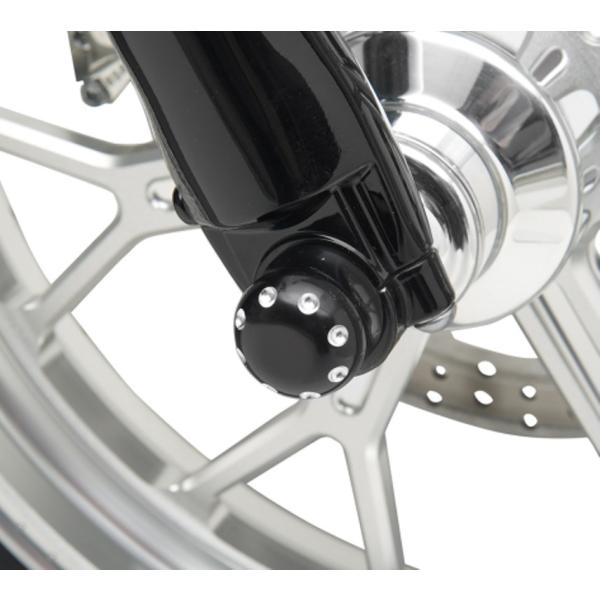 COVINGTONS  AXLE CAPS DIMPLED BLACK. フロント用 アクスルキャップ ディンプル ブラックペイントはブラックパウダーコートです。【装着】フロントホイールのアクスルシャフトへ被せて付属のスクリューボルトで固定...
