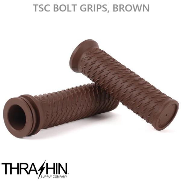 THRASHIN SUPPLY・TSC BOLT GRIPS BROWNスラッシンサプライ TSC ボルト グリップ ブラウンハーレーなどのV-TWINモデルへマッチするように設計されたスリムデザイン稲妻デザインにテクスチャード加工されたグ...