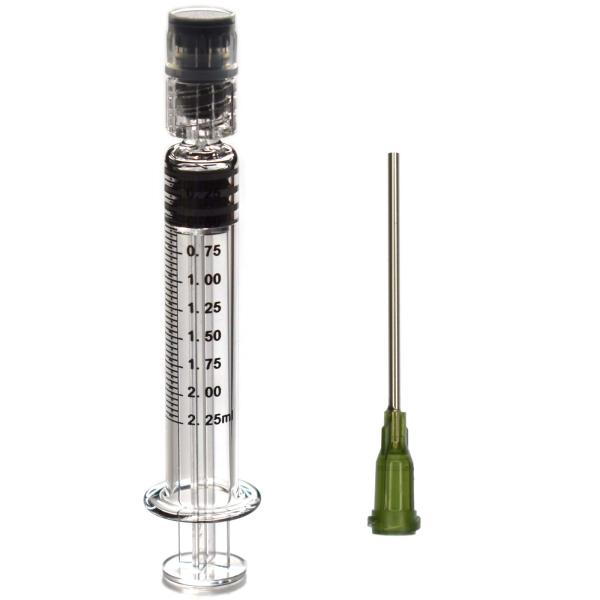 ガラス製 ロック型シリンジ 2.25ml《セット内容》シリンジ・・・1本14Gニードル・・・1本《サイズ》本体全長・・・約85mm（針無し・キャップ付き時）ニードル全長・・・約55mm（金属部分は約38mm）差し込み部内径・・・約4.5mm...