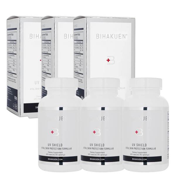 商品名　ビハクエン　UVシールド　120錠商品説明ビハクエンのUVシールドは、シダ植物、ダイオウウラボシ (Polypodium Leucotomos)のエキスが配合されています。クリアなお肌をキープしたい方に。　内容量：3本（1本/120...
