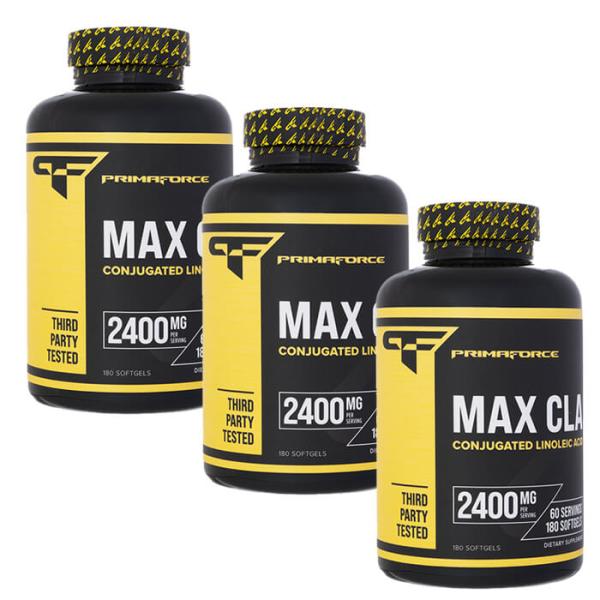 商品名　マックスCLA【商品説明】プリマフォース社のマックスCLAは、ダイエッターのサポートや健康サポートが期待できる、共役リノール酸を配合したサプリメントです。　≪内容量≫3本（1本/180ソフトジェル）