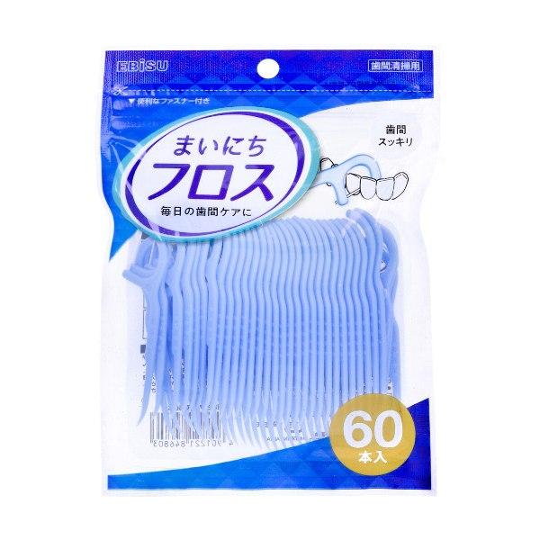 エビス まいにちフロス 60本入 B-D4680　歯間清掃用まいにちフロス 60本入は、毎日の歯間ケアを手軽に行えるデンタルフロスですホルダータイプのF字型デザインにより、歯の裏側にも届きやすいアーチ形状が特徴！指にフィットするグリップで使...