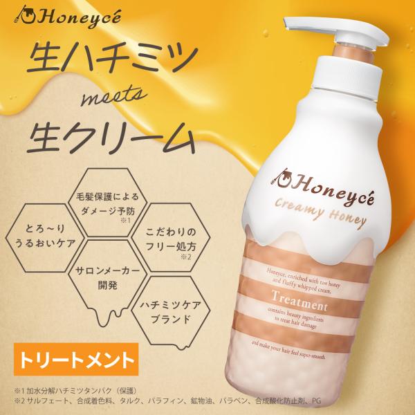 生ハチミツ※1と生クリーム成分※2が髪を包み込み、しっとりなめらかな髪へと導く、毎日のダメージケアにぴったりのトリートメント。ハチミツ由来のダメージケア&amp;予防成分が傷んだキューティクルに高蜜着して徹底補修するとともに新たな髪ダメージ...