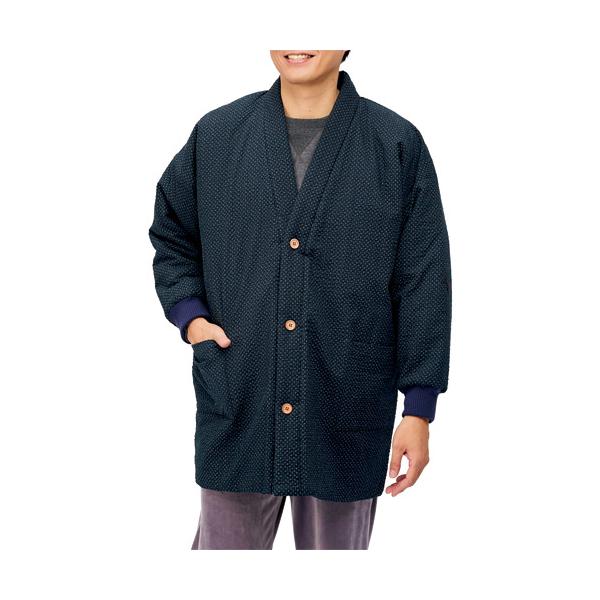 ご注文から通常約5〜15営業日で発送します。日本製 中綿キルトホームジャケット 紺色 半纏 袢纏 中綿入り羽織り はんてん どてら メンズ 紳士服 シニア 男性 ネイビー 和風 和柄 防寒着 あったかい 暖かい シンプル 部屋着 ルームウェ...