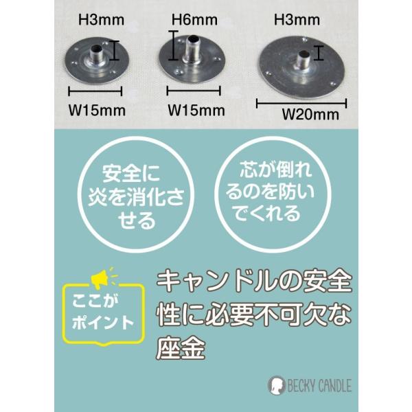 主にグラスキャンドルを制作する際に使用します。座金を使用することで炎を安全に消火させることが出来ます。ベースの広さは芯の安定性を表し、広い方が芯が短くなった際に芯が倒れにくくなります。また、ホールの高さは安全性を意味します。ホールが高いこと...