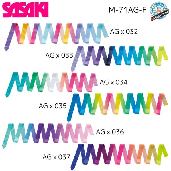 手染めの染料では表現しきれなかった鮮やかな色彩とグラデーション。にごりのない発色が魅力のなんとも美しいリボン。短いピッチで繰り返される3色グラデーションがリボンにスピード感を与えます。※実際の製品には国際体操連盟（F.I.G.）認定マークが...