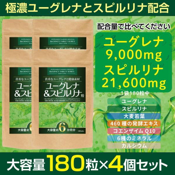 ユーグレナ（ミドリムシ）は優れた栄養素を凝縮しており、そのユーグレナをたった１粒に５０mg濃縮配合。そして栄養素たっぷりのスピルリナを1粒に120mg濃縮配合しました。さらにサポート成分「有機大麦若葉」「460種類の植物発酵エキス」「コエン...