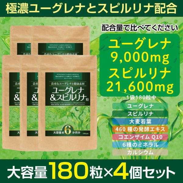 ユーグレナ（ミドリムシ）は優れた栄養素を凝縮しており、そのユーグレナをたった１粒に５０mg濃縮配合。そして栄養素たっぷりのスピルリナを1粒に120mg濃縮配合しました。さらにサポート成分「有機大麦若葉」「460種類の植物発酵エキス」「コエン...