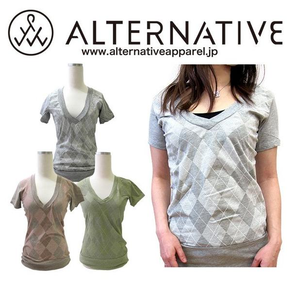 ALTERNATIVE APPAREL【オルタナティブアパレル・レディース】アーガイルVネック半袖Tシャツ　aa4060　カットソー アーガイル柄　パターン【メール便配送】※メール便配送の場合は【時間指定・代金引換】でのお取り引きはできませ...