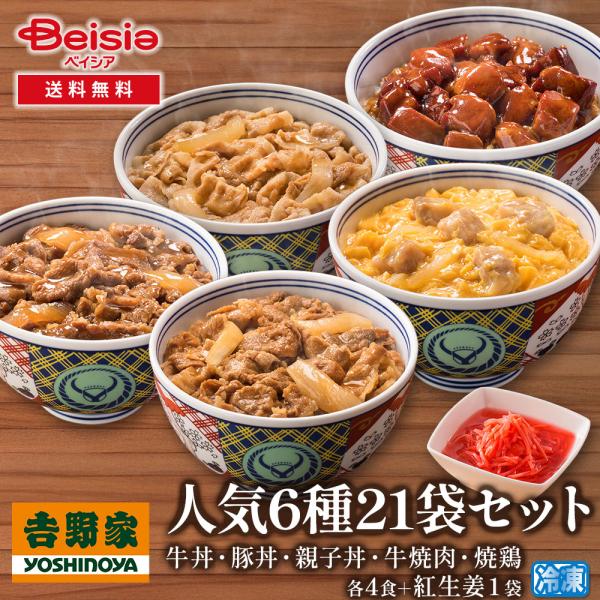 【予約販売】父の日2026_吉野家人気6種21袋セット(牛丼・豚丼・親子丼・牛焼肉・焼鶏各4食＋紅しょうが1)