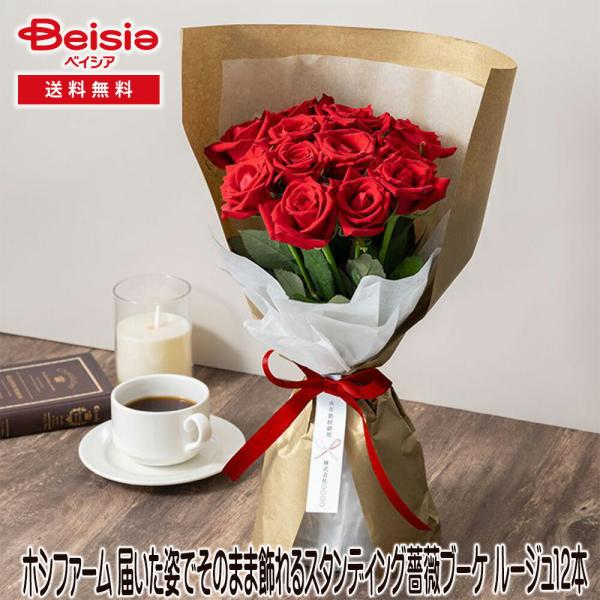 ホシファーム 届いた姿でそのまま飾れるスタンディング薔薇ブーケ ルージュ12本