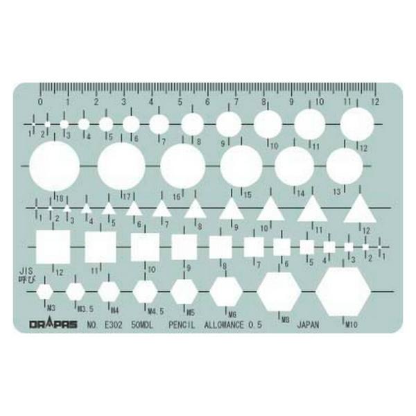 商品情報説明 製図用のテンプレートです。用途 製図用の型板(テンプレート)。機能 円、三角、四角の50穴ボルトナット総合定規です。仕様 ●サイズ：90×140×1.0mm。●片面つや消し。●インクエッジ付。材質等 ●アクリル樹脂。付属品・部...