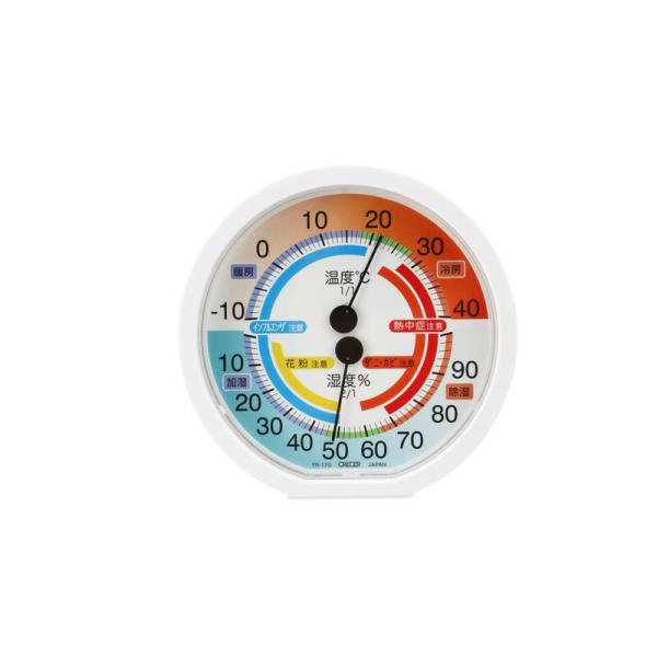商品情報説明 注意目安付温湿度計です。用途 室内用温度・湿度計。機能 花粉・ダニ、カビ・熱中症・インフルエンザの注意目安が表示されています。壁掛け、卓上両用です。冷房・除湿、暖房・加湿など環境によって注意喚起をアイコンで知らせます。仕様 ●...