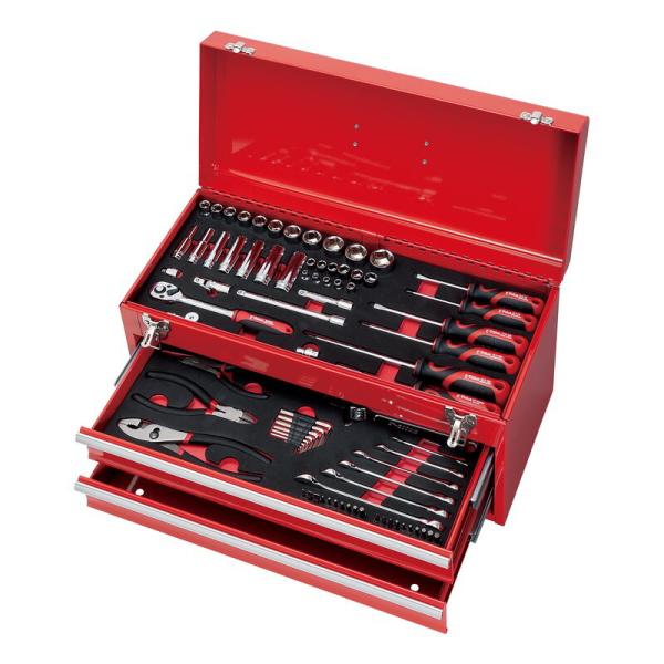 商品情報説明 メンテナンス作業に必要な70PCSの工具を厳選しました。用途 バイクや自動車をはじめとした各種メンテナンス作業。機能 引出しは荷重時もスムーズで静かな開閉が可能なベアリングスライドレールを採用しています。72山ギア採用のラチェ...