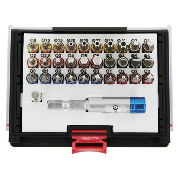 商品情報説明 一家に一セットあれば非常に便利なビットセットで、品質・仕様ともにワンランク上です。用途 様々なネジの締付け作業。機能 きれいなアルミカラーリングがついているので、ビットの種類が一目でわかります。スリムホルダーなので、狭いところ...