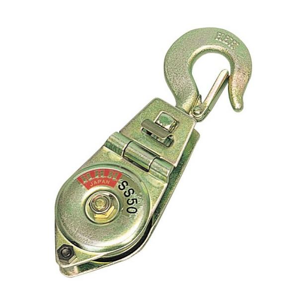 商品情報説明 独特の止め金具でロープの脱着がワンタッチで出来ます。用途 荷の揚げ降ろし。機能 フック型の滑車です。仕様 ●使用荷重：250kg。●自重：520g。●車径：50mm。●溝幅：9mm。材質等 ●本体：スチール。付属品・部品など注...