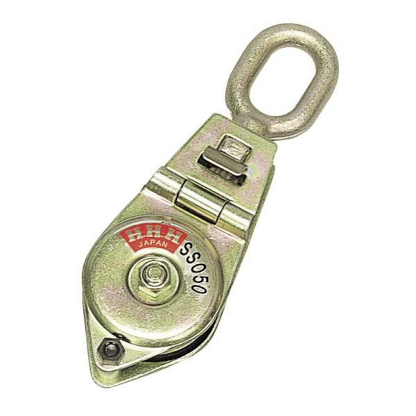 商品情報説明 独特の止め金具でロープの脱着がワンタッチで出来ます。用途 荷の揚げ降ろし。機能 オーフ型の滑車です。仕様 ●使用荷重：250kg。●自重：520g。●車径：50mm。●溝幅：9mm。材質等 ●本体：スチール。付属品・部品など注...