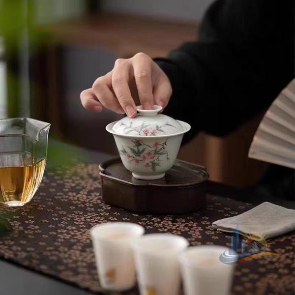 「手描き茶器」中国徳化県産 手描き茶器 「さくら」蓋碗 陶磁器 茶道具 中国茶器 台湾茶器 烏龍茶