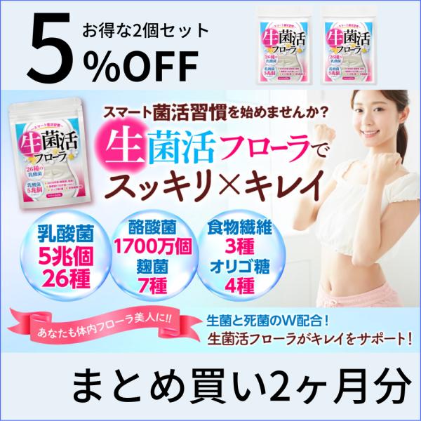 ・乳酸菌・酪酸菌・麹菌を業界最高水準で配合！・生菌活フローラは1袋でヨーグルト500個分の5兆個の乳酸菌を配合！・乳酸菌だけではなく生きた酪酸菌を1700万個配合！・更に26種もの乳酸菌と生菌・死菌のW配合をし業界最高水準の含有量を実現！関...