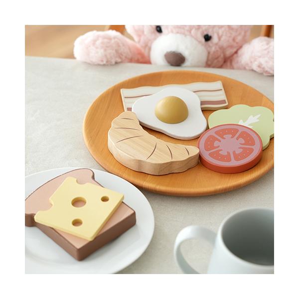 商品名：【知育玩具　2歳誕生日】ホップル（HOPPL） モーニングセット おままごと7点セット【モーニングセット】ブレッド・クロワッサン・目玉焼き・レタス・ベーコン・スライスチーズ・トマトサイズ：最大W83×H90mm　最小W60×H56m...