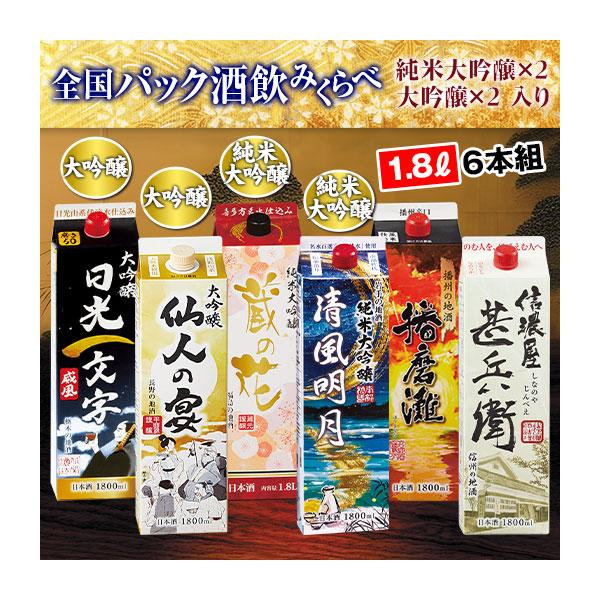 純米大吟醸&amp;大吟醸入り！全国6酒蔵オリジナルパック酒6本組種別：純米大吟醸酒・大吟醸酒・普通酒内容量：1800ml×6本（パック酒）※信濃屋甚兵衛・仙人の宴については、シュリンク包装無しになります。2026 誕生日 お父さん 男性 ...